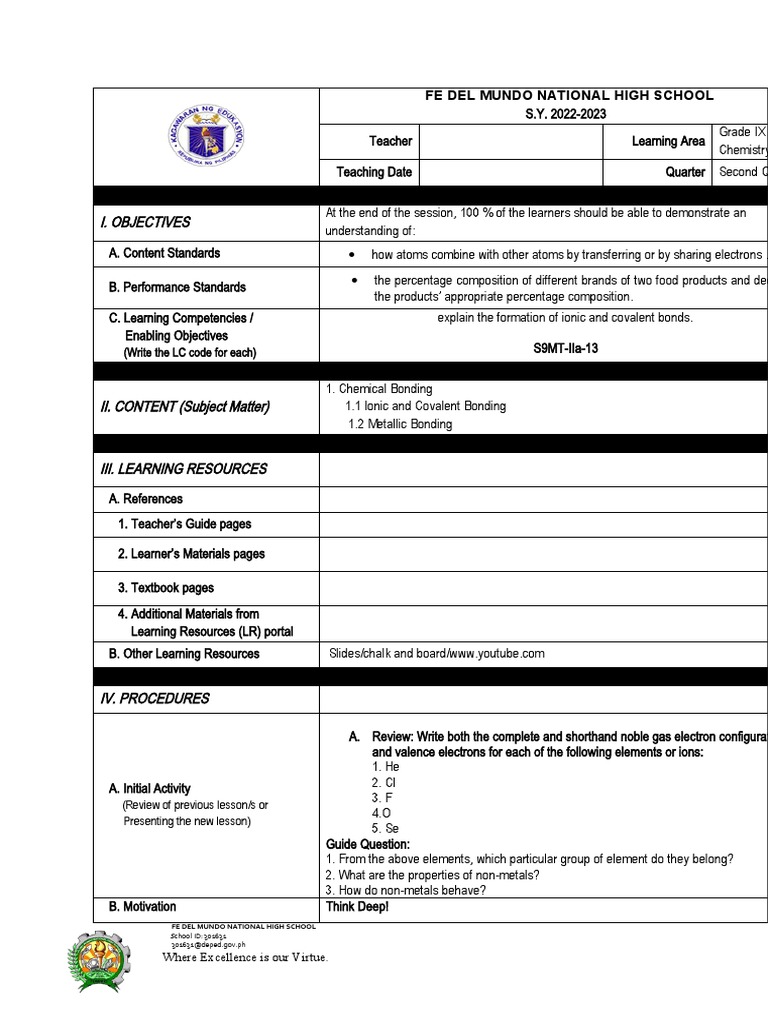 Sample Lesson Plan | PDF | Chemical Bond | Ionic Bonding
