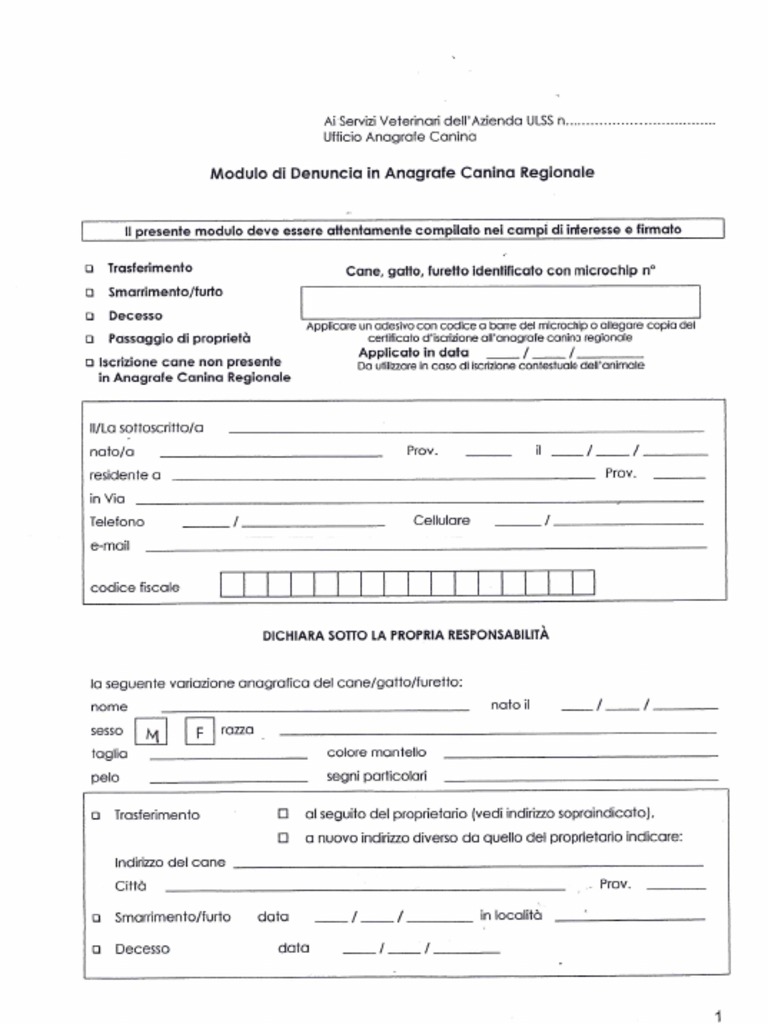 Modulo Di Denuncia Anagrafe Canina | PDF