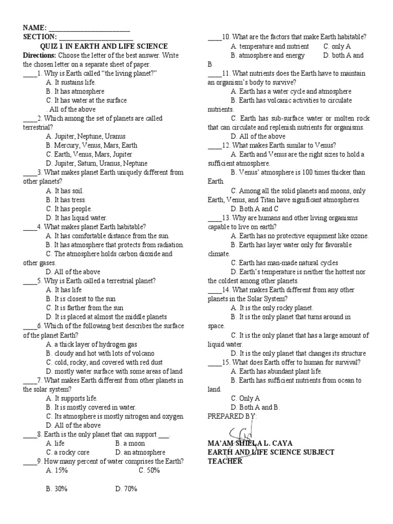 Earth and Life Science Quiz 1 | PDF | Atmosphere | Earth