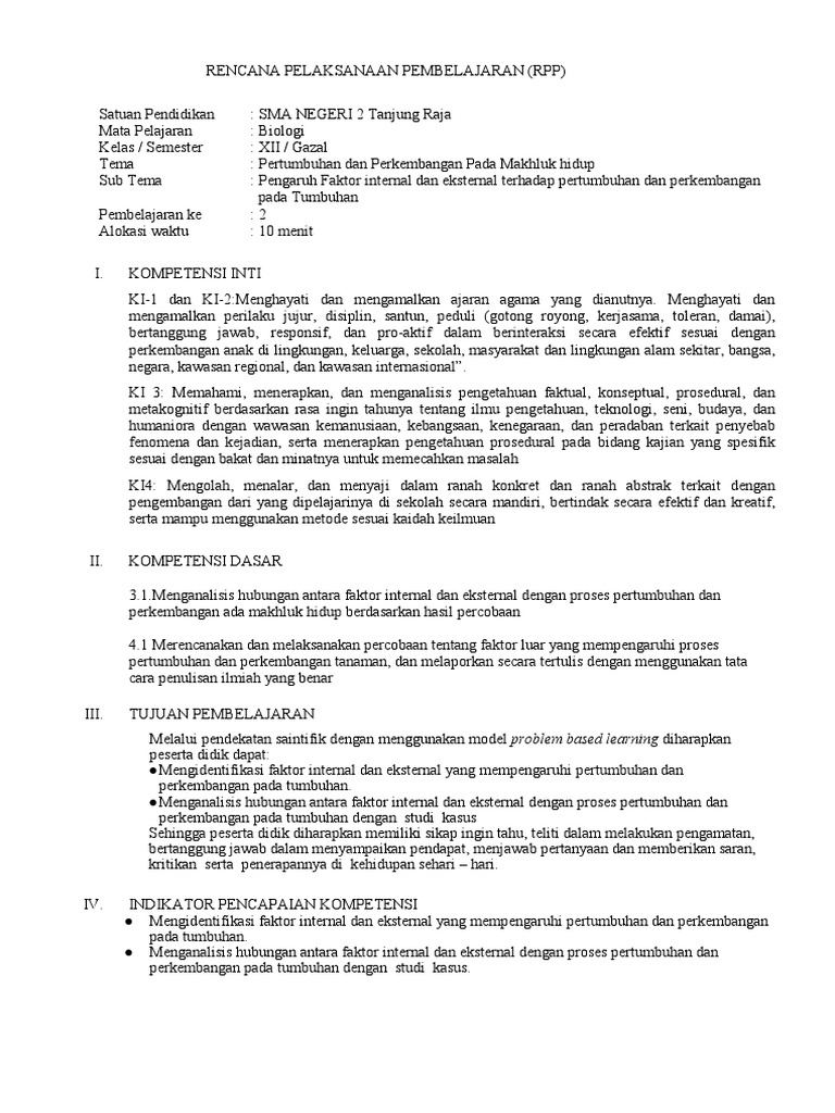RPP Pertumbuhan Dan Perkembangan 2 | PDF