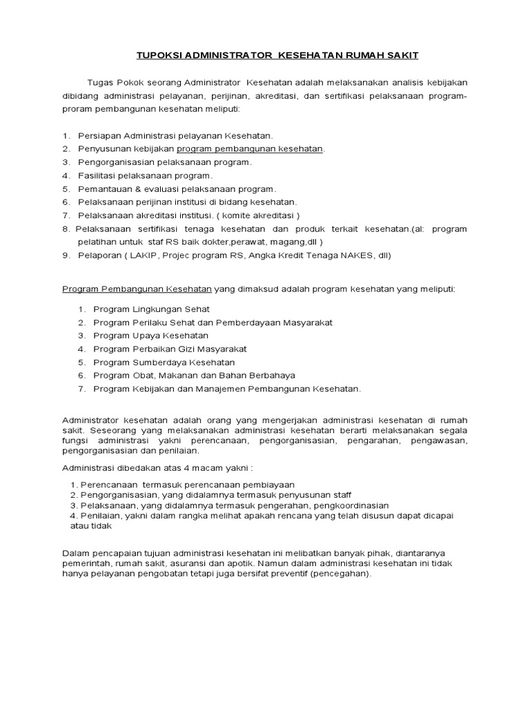 Uraian Tugas Administrator Kesehatan Pertama | PDF