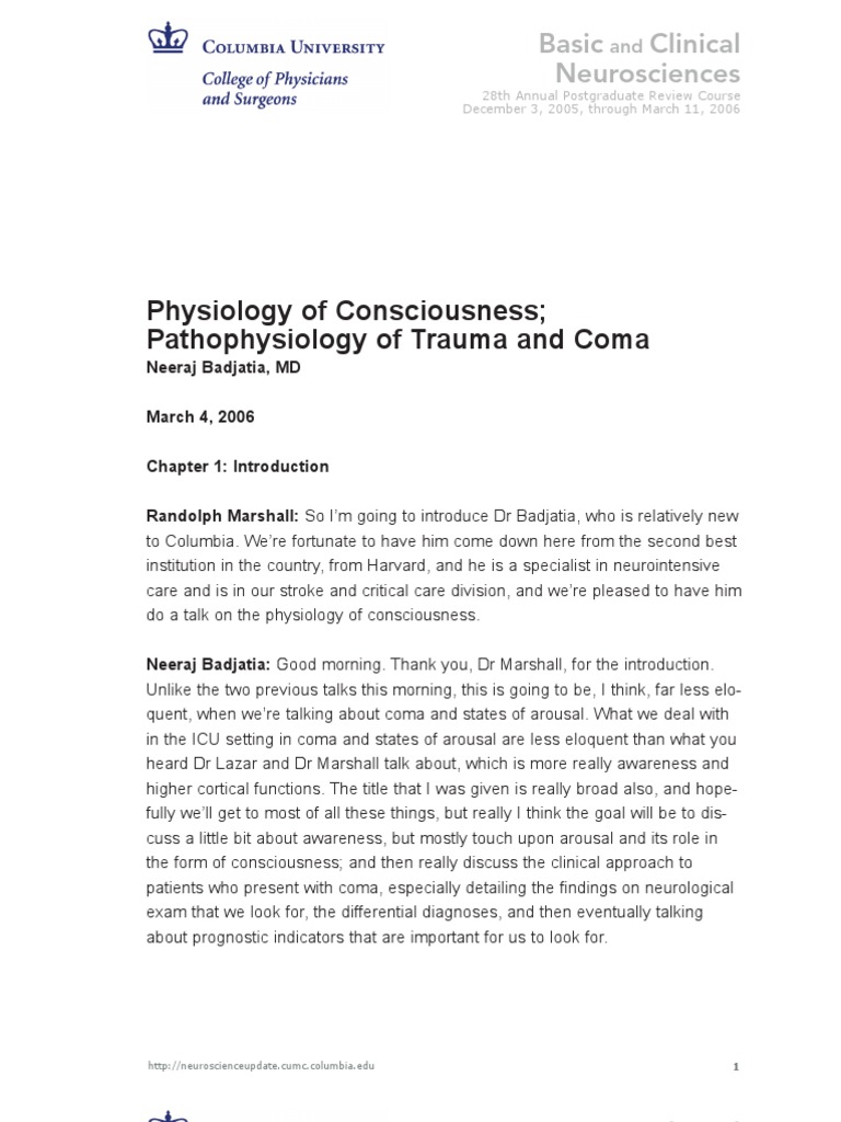 Physiology of Consciousness Pathophysiology of Trauma and Coma ...