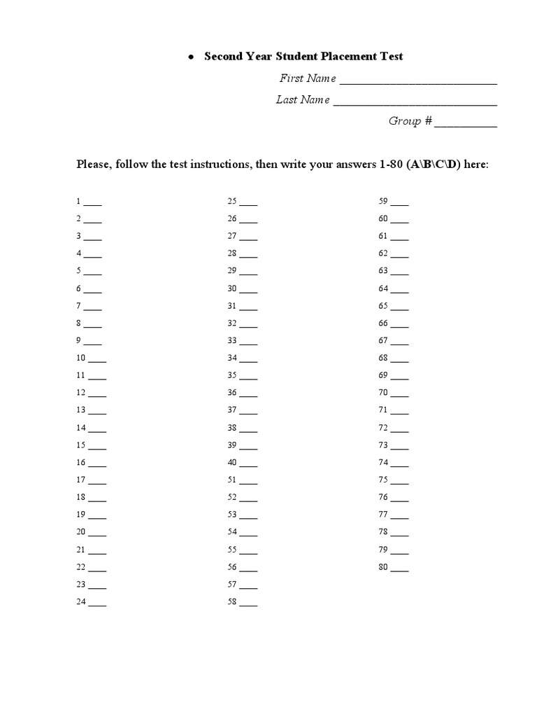 Second Year Student Placement Test | PDF