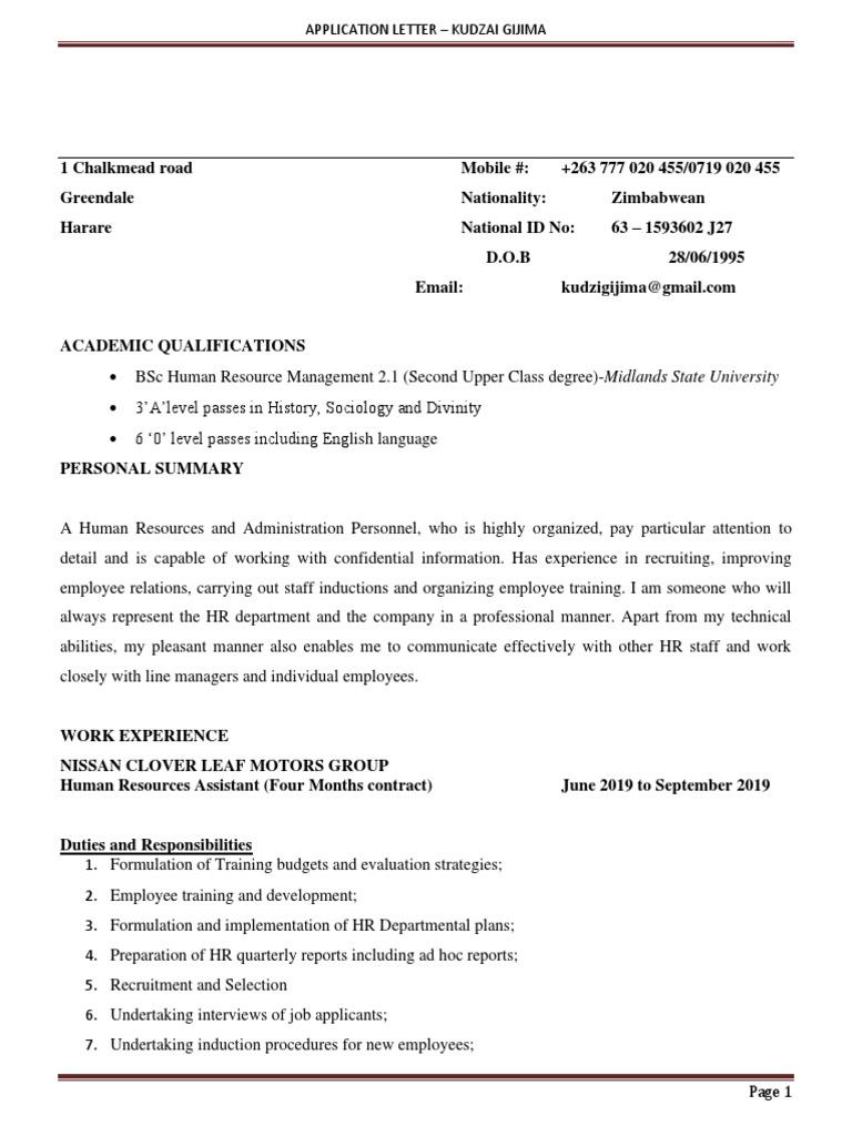 Kudzai Gijima CV Application HR Docs New | PDF | Human Resource Management | Business