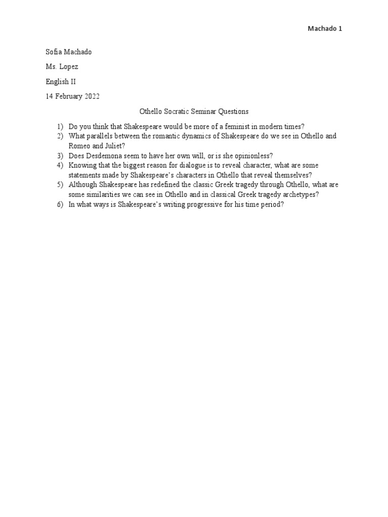 Othello Socratic Seminar Questions | PDF