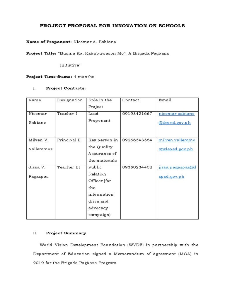Project Proposal For Innovation On Schools | PDF | Literacy | Learning