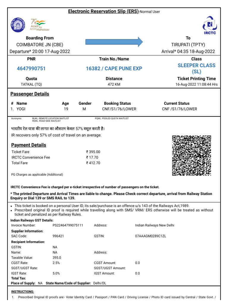 Cape Pune Exp Sleeper Class (SL) | PDF | Identity Document