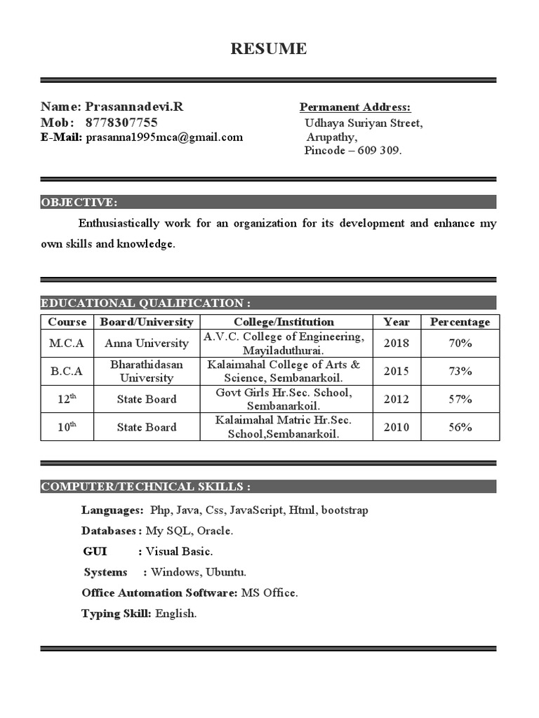 A Comprehensive Resume Showcasing Prasannadevi R's Educational Qualifications, Technical Skills ...
