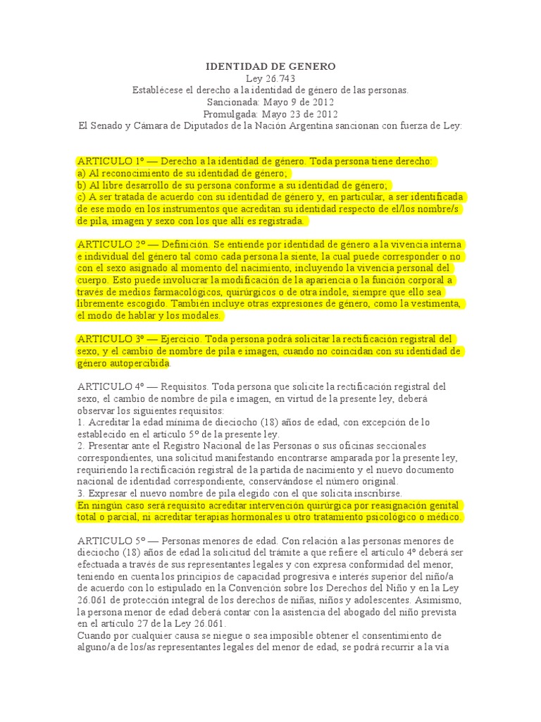 Ley 26.743 de Identidad de Género | PDF