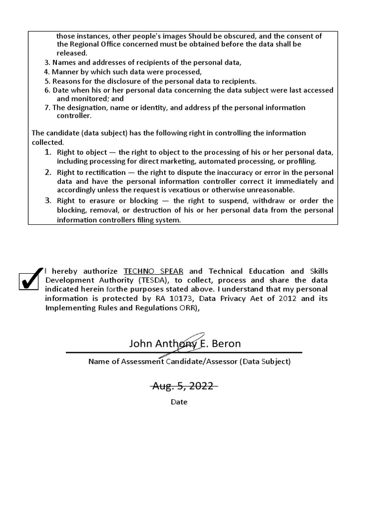 Consent Form for Collection, Processing and Sharing of Personal Data of ...
