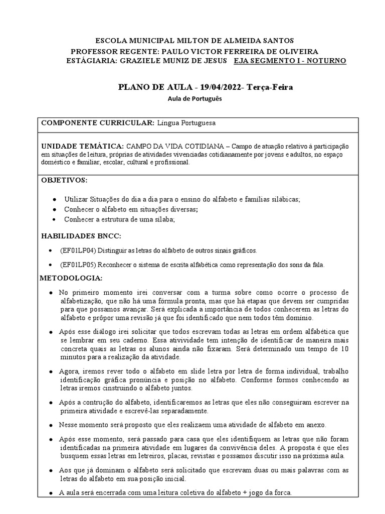 Plano de Aula Português Eja | PDF | Alfabeto | Escrita