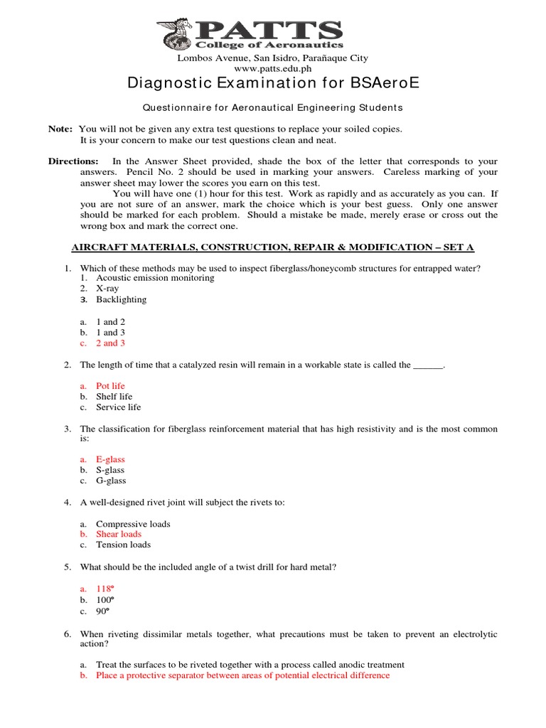 2019 Final Diagnostic Exam Aircraft Materials Construction Repair ...
