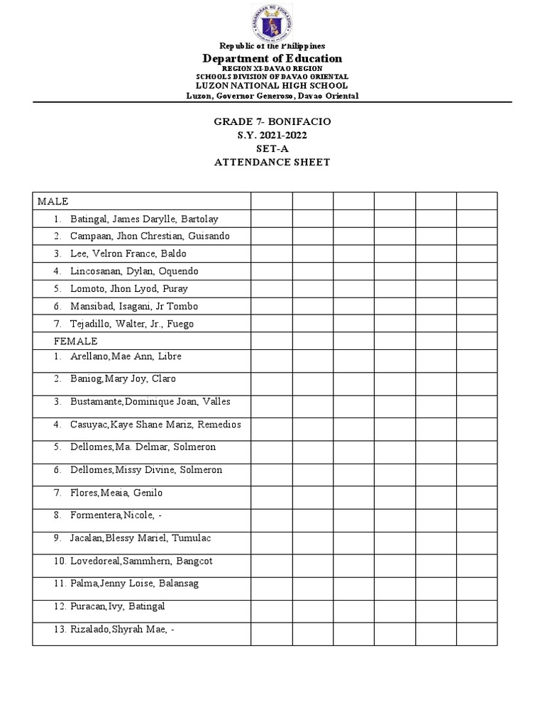 Department of Education: Grade 7-Bonifacio S.Y. 2021-2022 Set-A ...