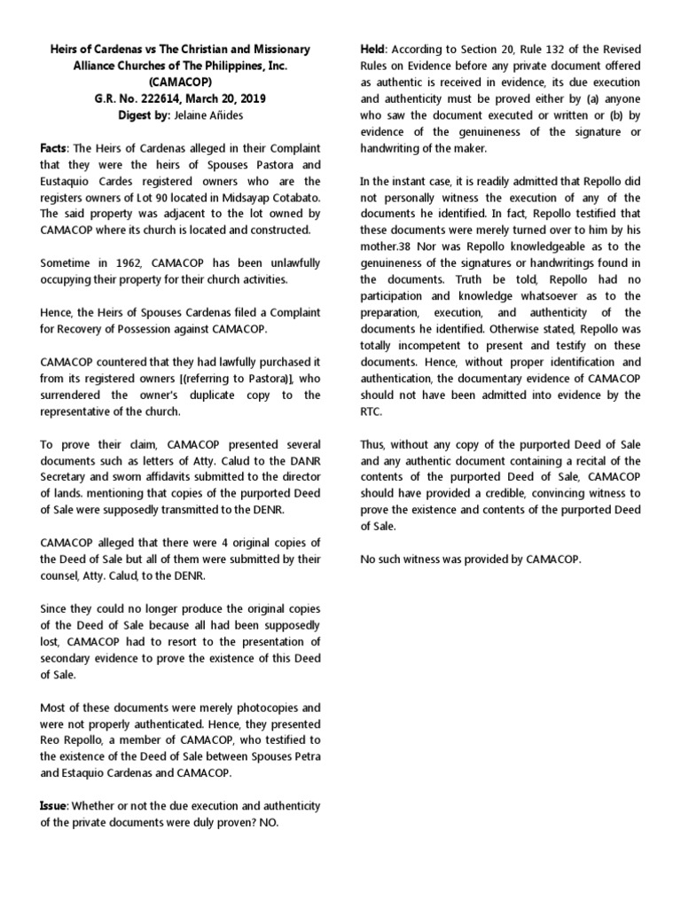 Cardenas Heirs vs CAMACOP: Property Dispute | PDF | Witness | Common Law