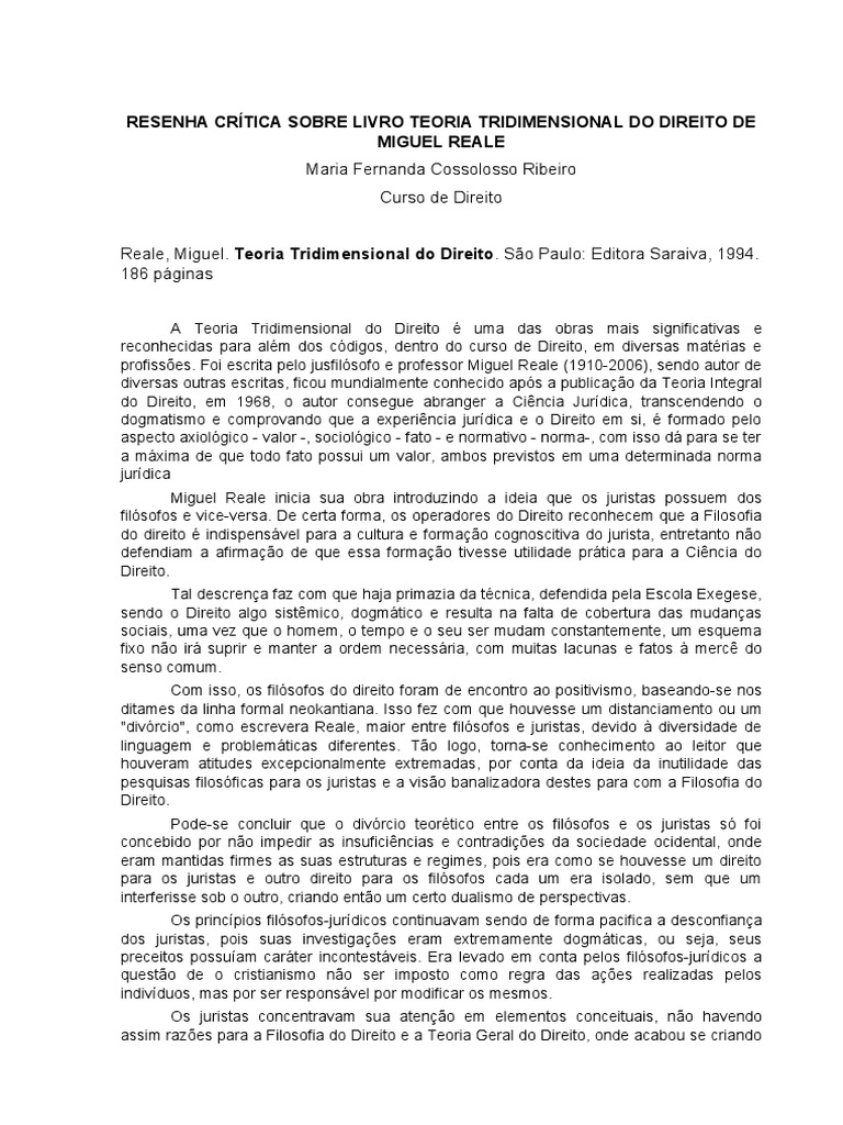 GRUPO 1 - Resenha Crítica - Teoria Tridimensional Do Direito de Miguel ...