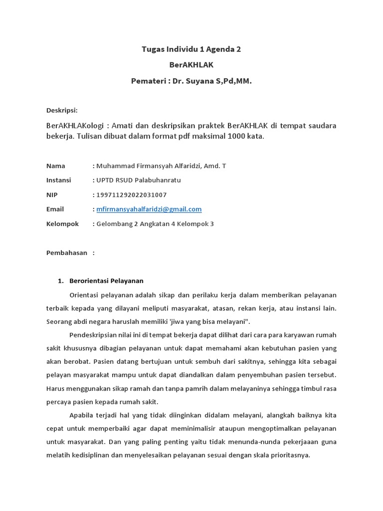 Tugas Individu 1 Agenda 2 Deskripsi BerAKHLAK Dilingkup Kerja | PDF