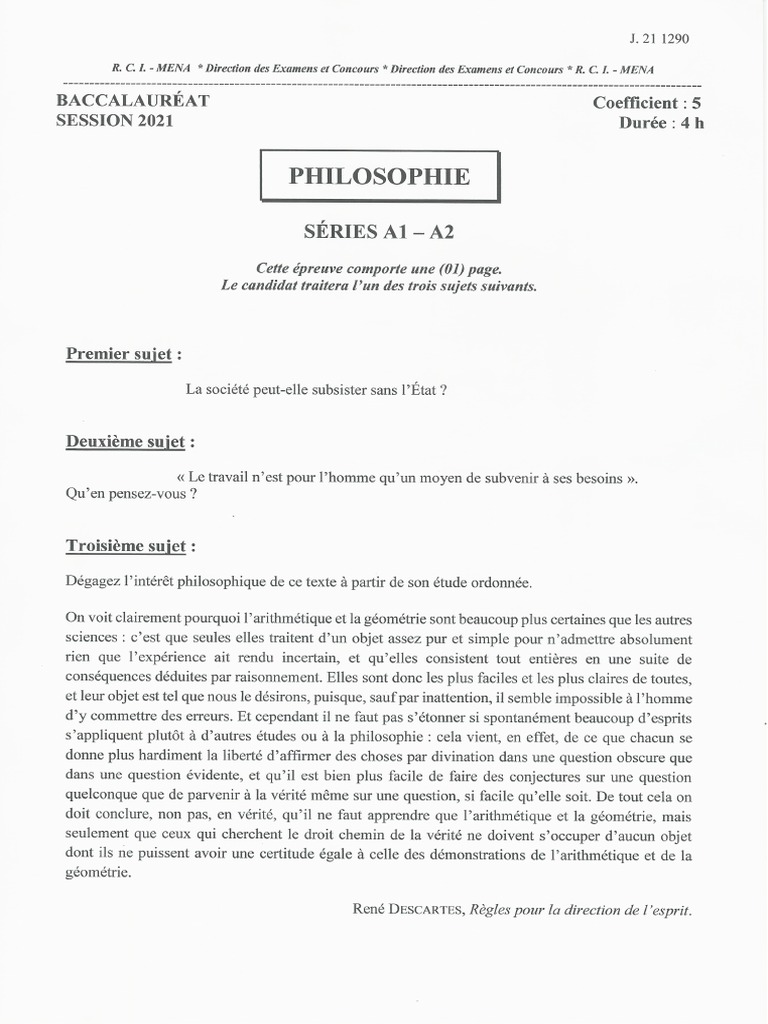 Epreuve Bac 2021 Philosophie Series A1 A2 Cote D'ivoire | PDF
