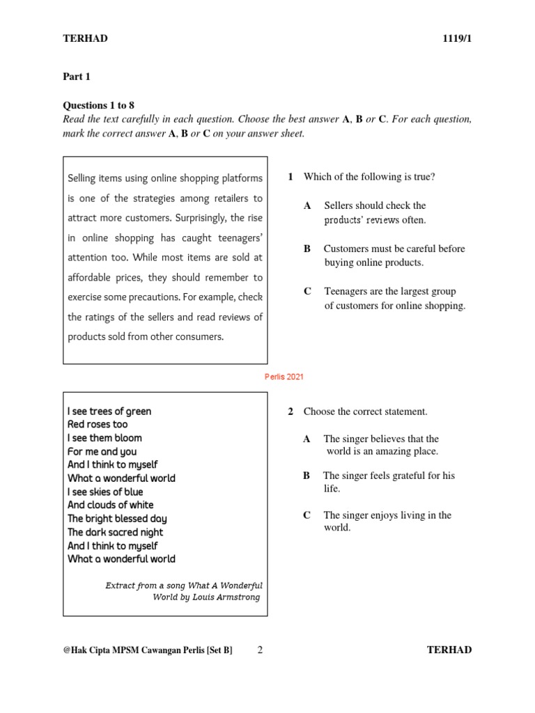 Kertas Trial English Perlis K1 Set B 2021 | PDF | Online Shopping | Facebook