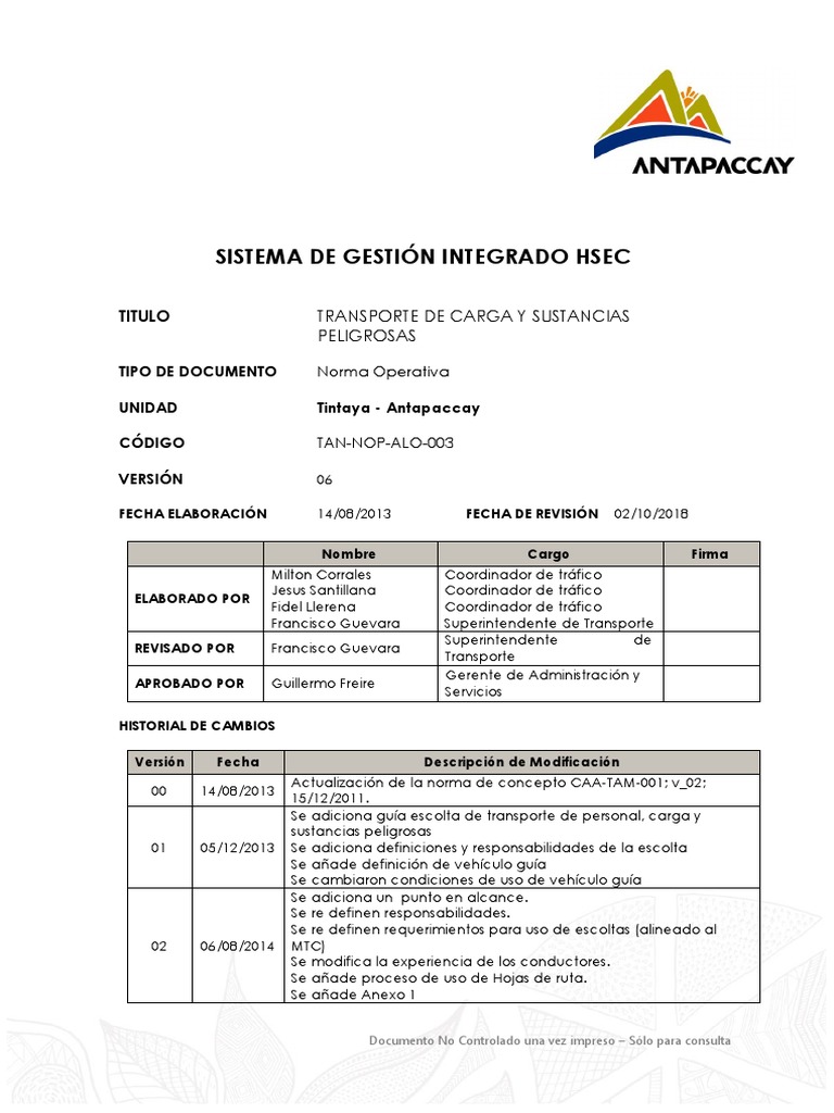 Anexo M Norma Operativa de Transporte de Carga y Sustancias Peligrosas ...