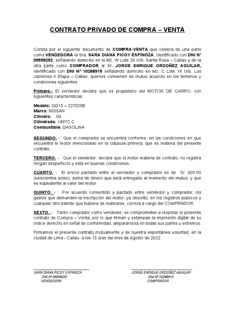 Contrato Privado de Compra - Venta Auto | PDF