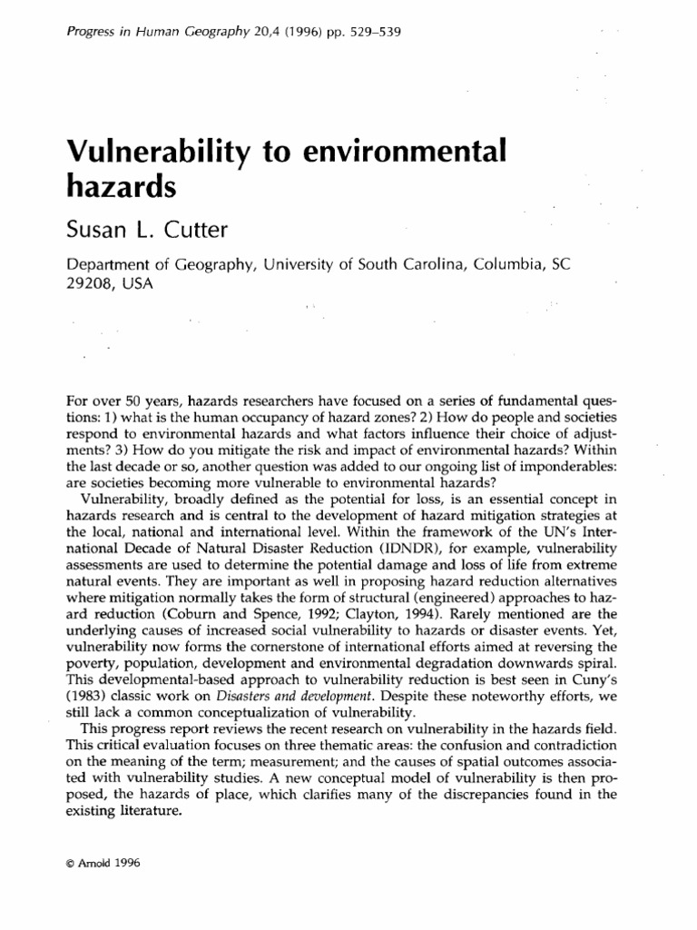 1996 Cutter Vulnerability To Environmental Hazards | PDF | Hazards | Risk