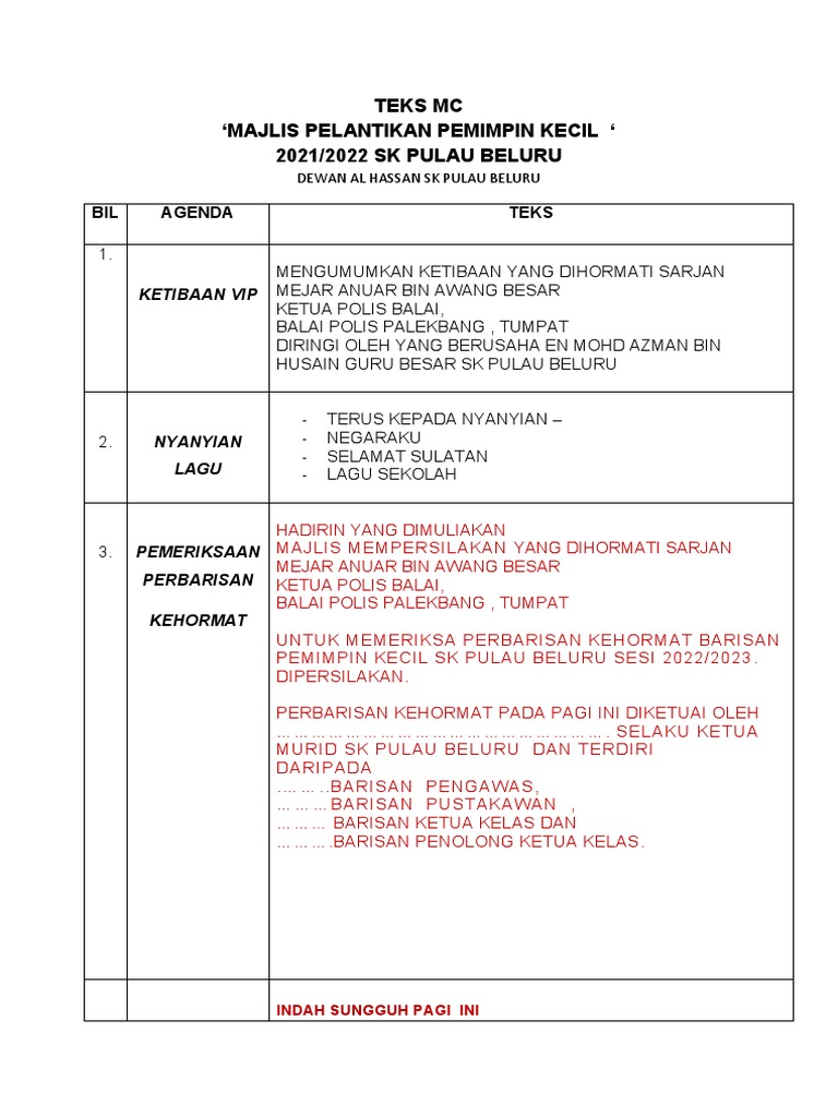 Teks MC Majlis Pelantikan Pemimpin Kecil SK Pulau Beluru | PDF