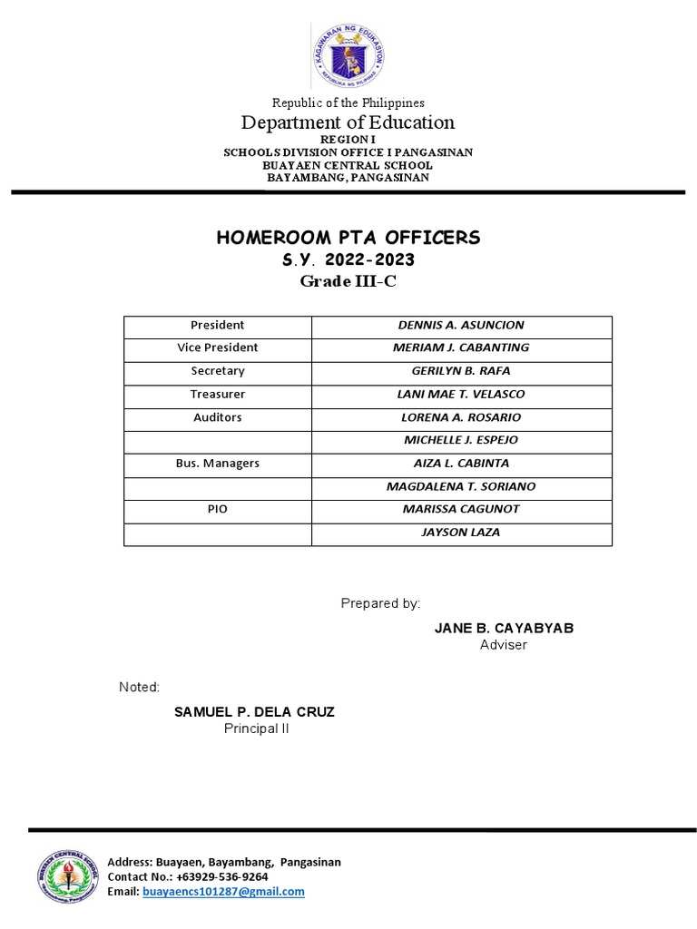 Homeroom Pta Officers 2022 2023 | PDF