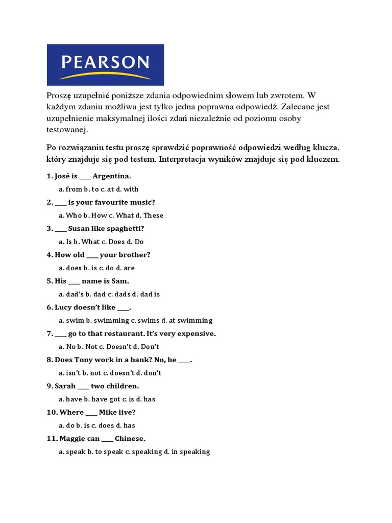 Test Diagnostyczny Angielski | PDF