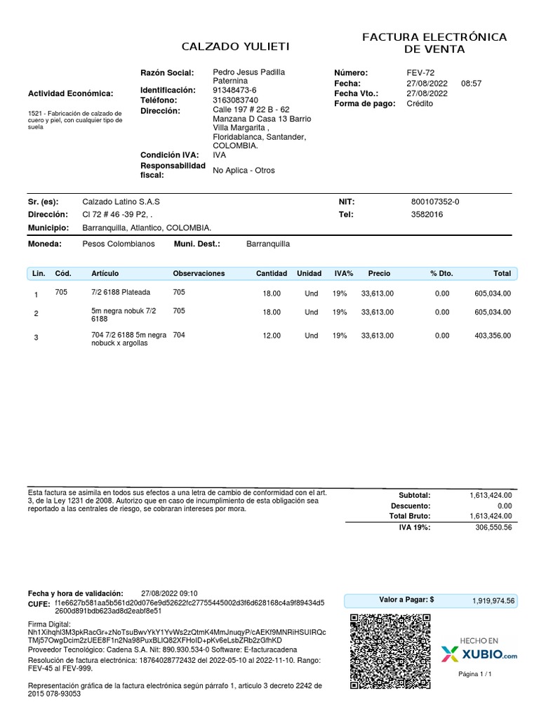 Factura de Venta #FEV-72 | PDF | Factura | Dinero