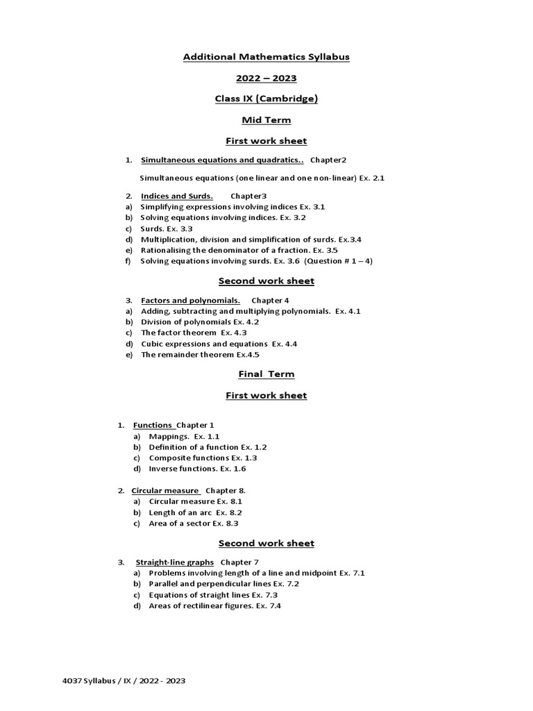ADD MATHS Syllabus 2022 - 2023 (IX) | PDF | Teaching Methods & Materials