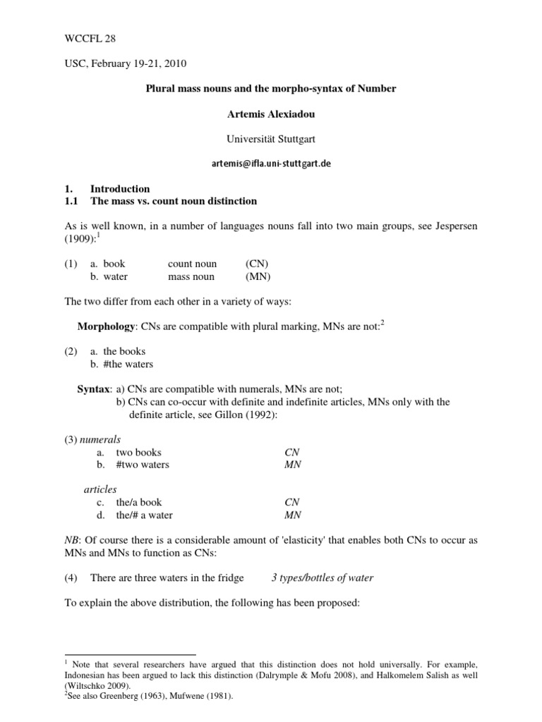 Plural Mass Nouns and The Morpho-Syntax of Number Artemis Alexiadou ...