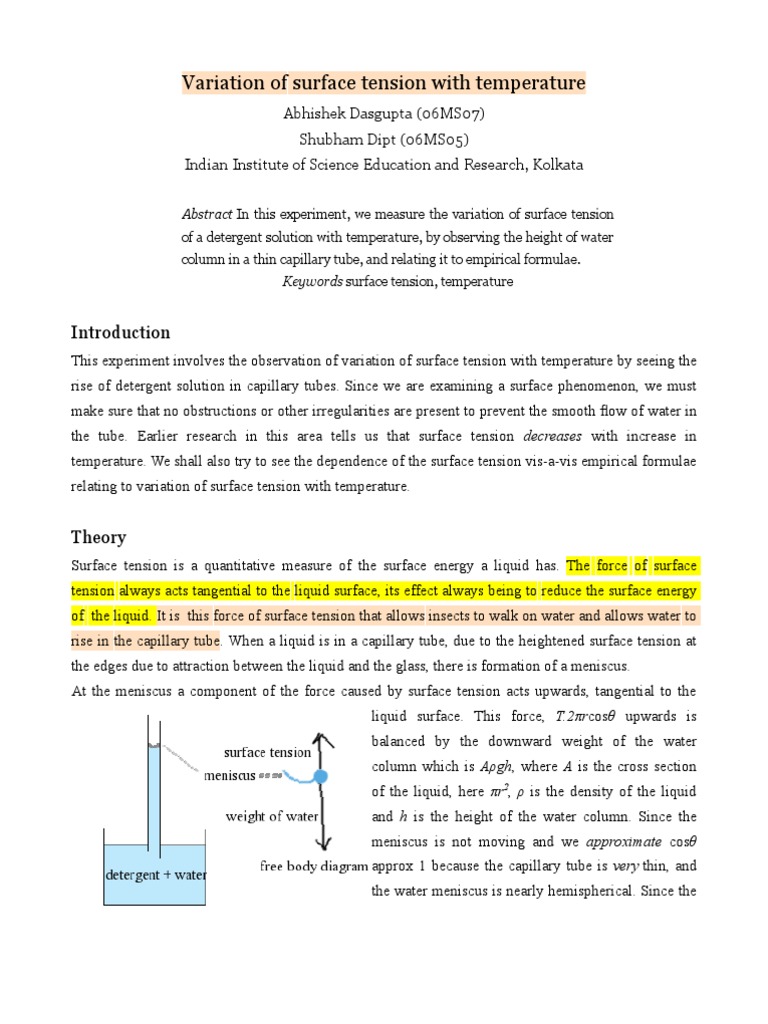 Dasgupta - Variation of Surface Tension With Temperature | PDF | Surface Tension | Liquids