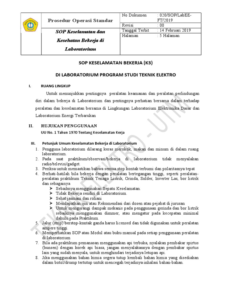 SOP Keselamatan Dan Kesehatan Bekerja Di Laboratorium Sop Keselamatan ...