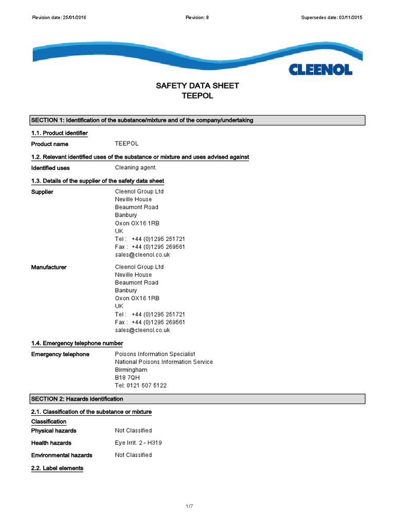 Teepol Safety Data Sheet Overview | PDF | Dangerous Goods | Occupational Safety And Health