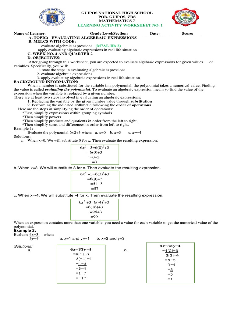 Worksheet g7 Evaluating Algebraic | Download Free PDF | Polynomial ...