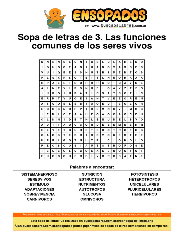 Sopa de Letras de 3 Las Funciones Comunes de Los Seres Vivos | PDF ...
