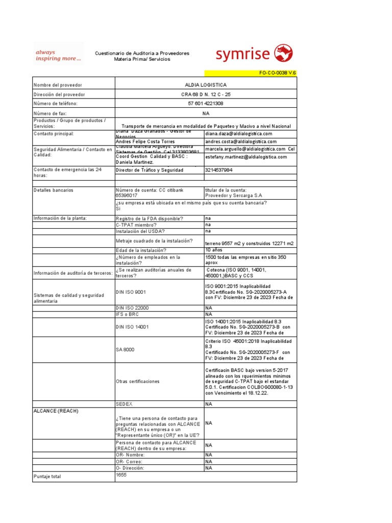 FO-CO-0038 Cuestionario de Auditoria A Proveedores Materia Prima Y ... FO-CO-0038 Cuestionario de Auditoria A Proveedores Materia Prima Y ...