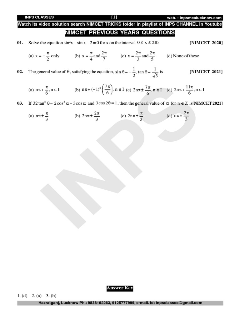Trigonometric Equation NIMCET Previous Years Questions 218472 | PDF