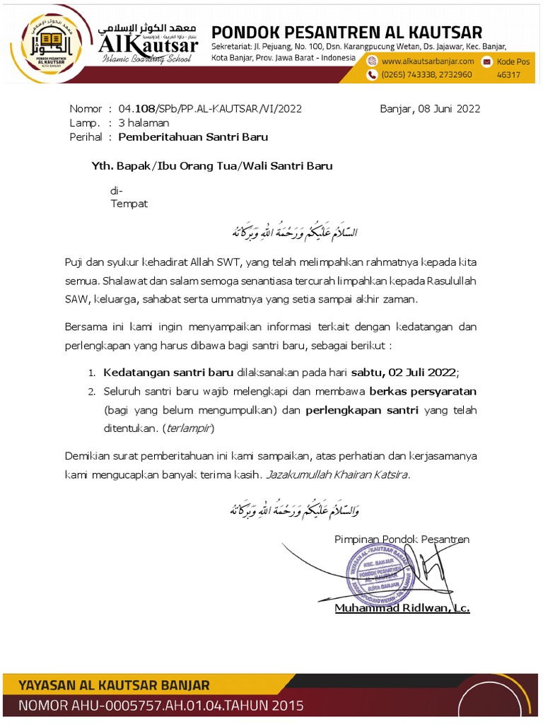 Surat Pemberitahuan Kedatangan Santri Baru | PDF