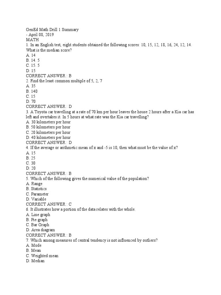 GenEd Math Drill 1 Summary | PDF | Mean | Mathematics