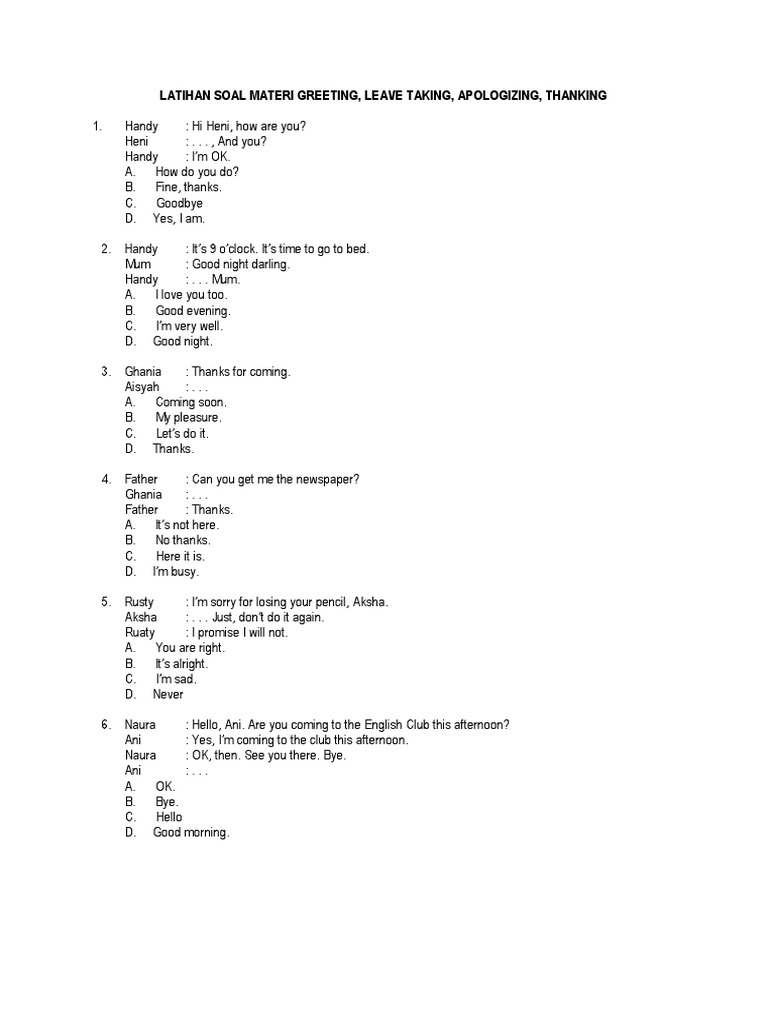 Soal Greeting - Leave Taking - Apologizing - Thanking | PDF
