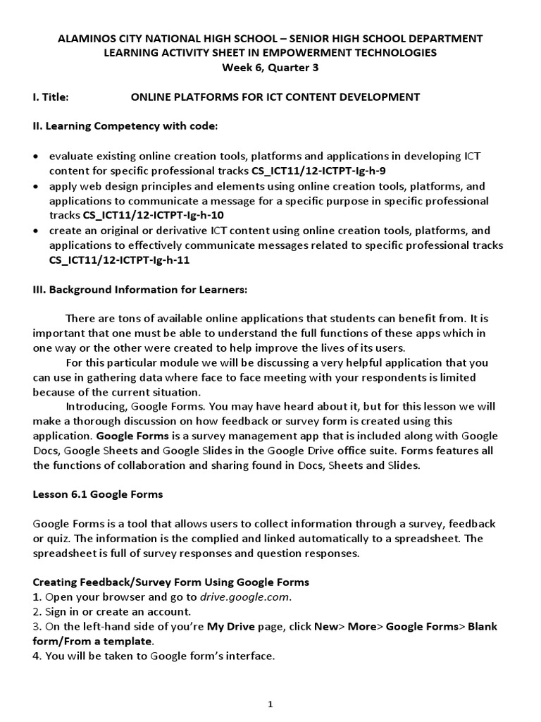 ACTIVITY SHEET IN EMPTECH 3Q WEEK6 Google Forms | PDF | Educational Technology | Application ...