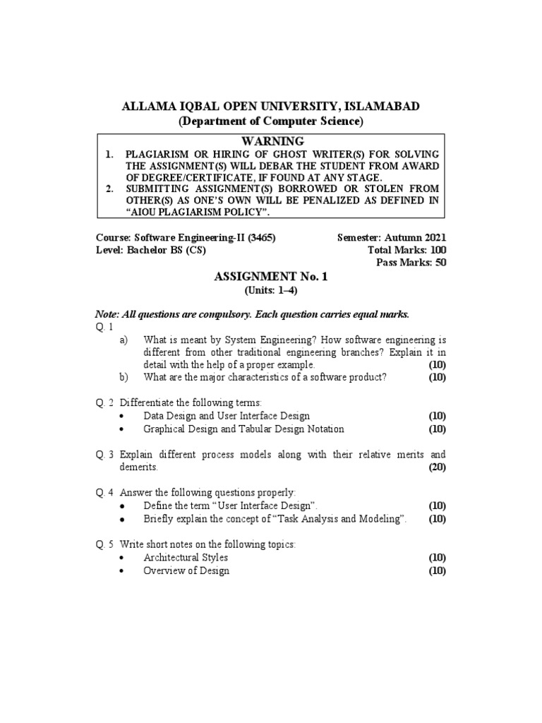 AIOU Software Engineering-II Assignment Guide | PDF | Component Based Software Engineering | Design