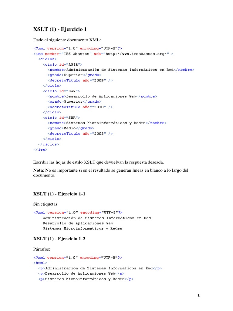 2 Ejercicios XSLT 1 - Enunciados | PDF | Xslt | Xml