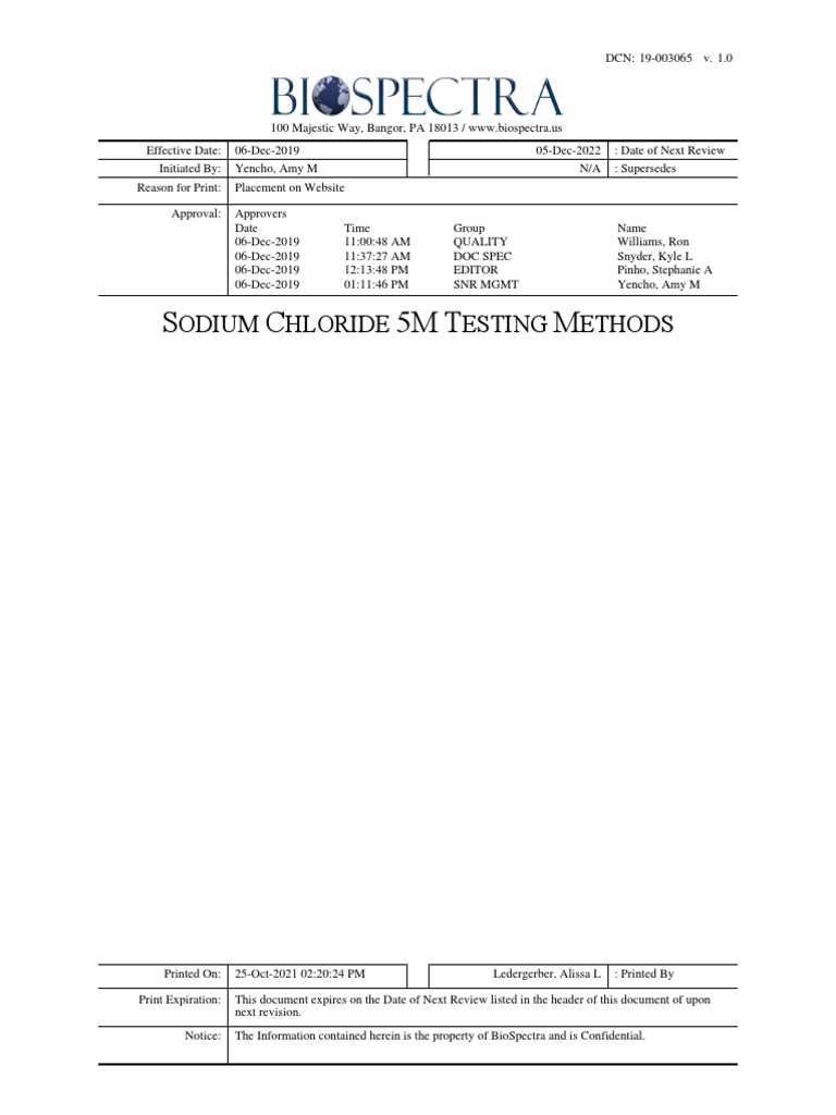 Testing Methods Sodium Chloride 5M GMP V1 | Download Free PDF ...