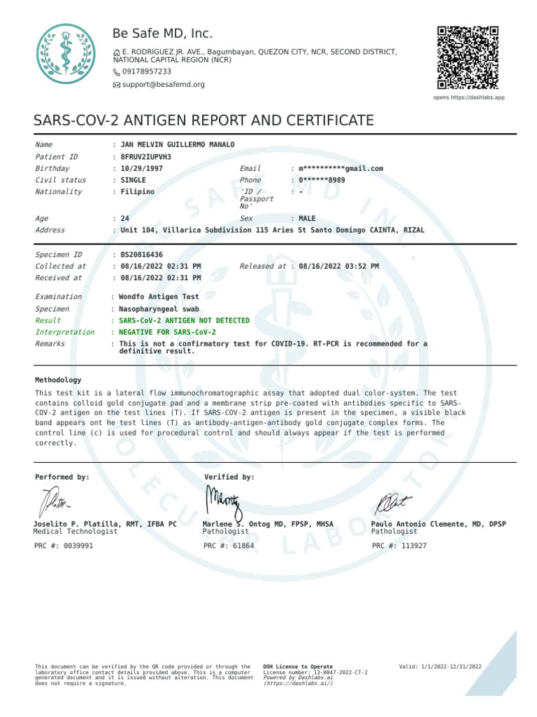 SARS COV 2 ANTIGEN IMMUNOASSAY RF BESAFE TEST KIT ...