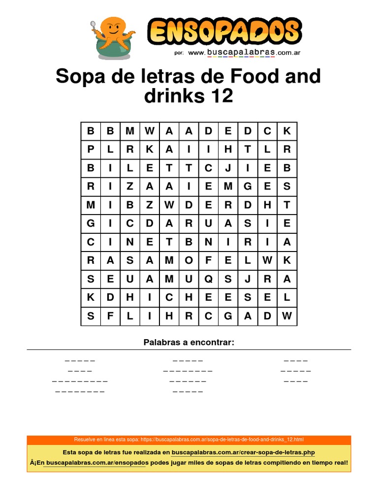 Sopa de Letras: Alimentos y Bebidas | PDF