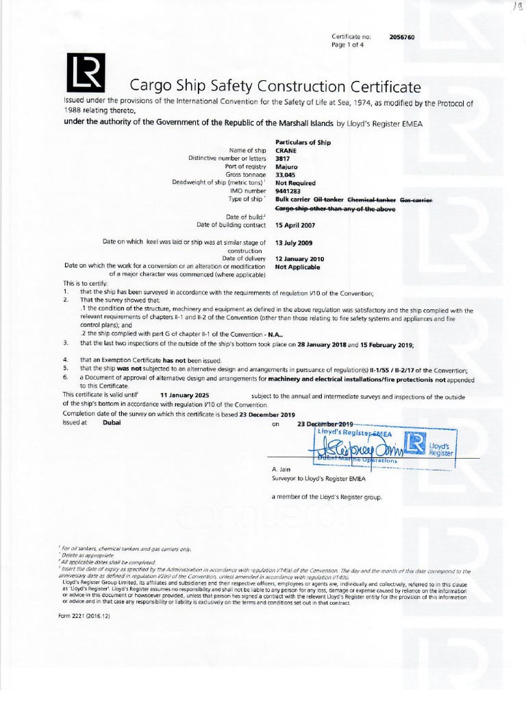 Cargo Ship Safety Construction Certificate | PDF