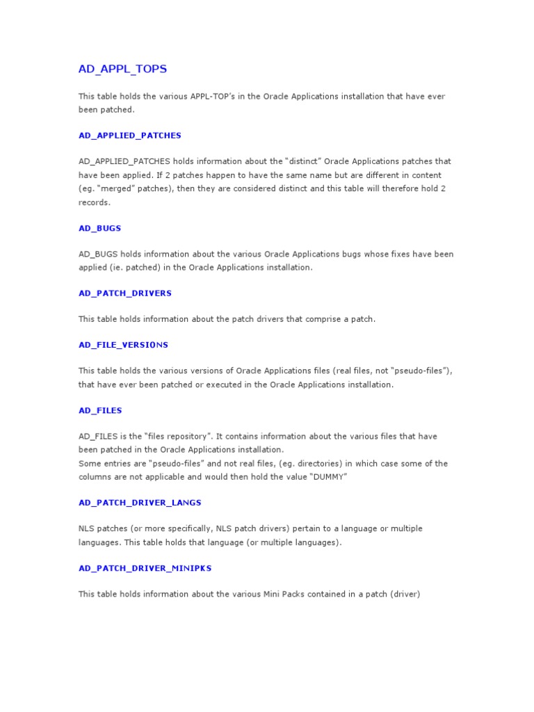 ADPATCH Important Tables Used and Updated | PDF | Oracle Database | Information Technology