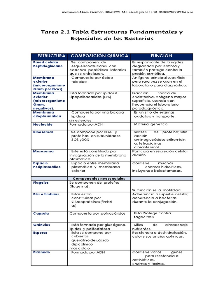 Tarea 2.1 Tabla Estructuras Fundamentales y Especiales de Las Bacterias | PDF | Membrana celular ...